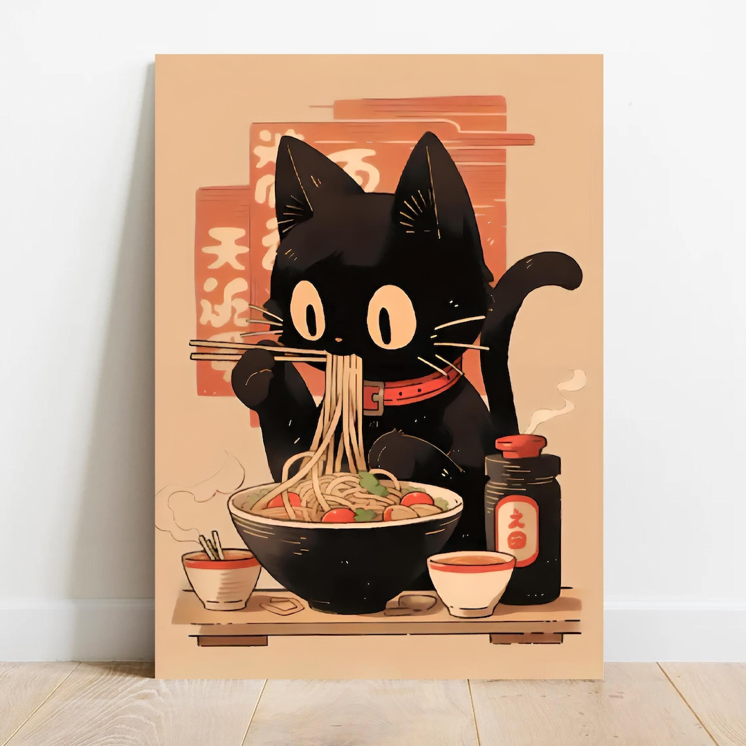 Black Cat Eating Noodles Poster Digital Download Printable Wall Art ...