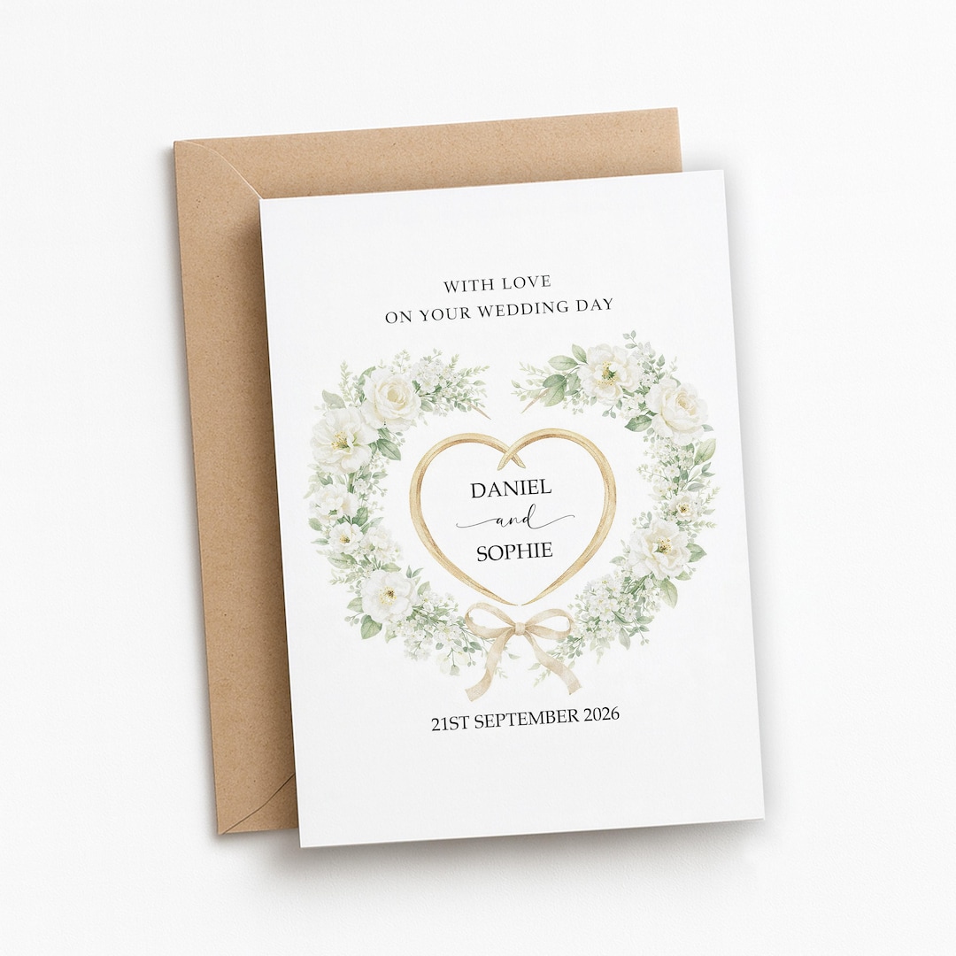 Personalized Wedding Card | Custom Names and Date | Floral Heart Wreath ...