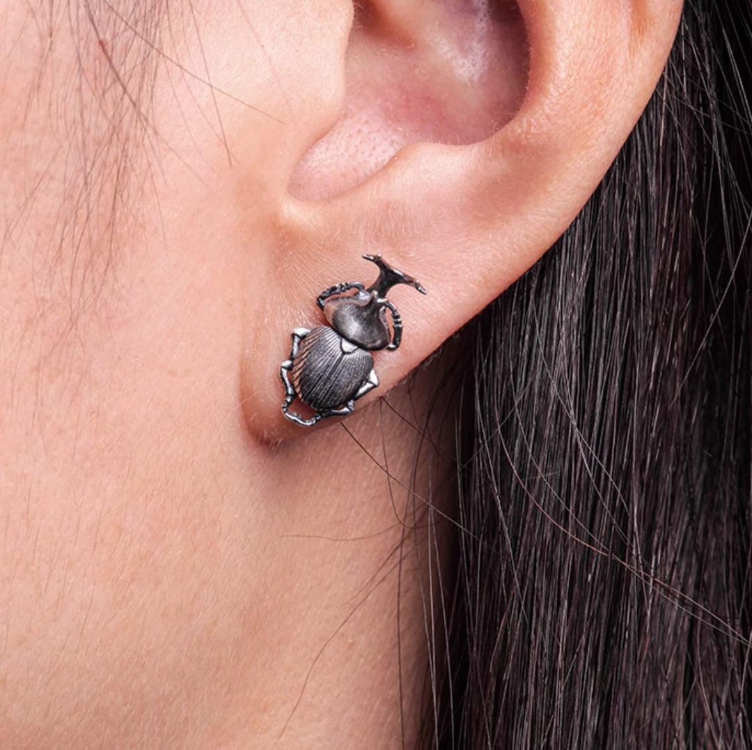 S925 Silver Stud Insect Rhinoceros Beetle Bug Earring Elegant Chic ...