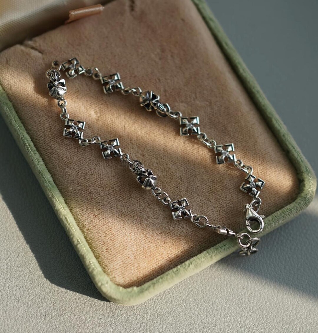 S925 Silver Chain Link Skull Skeleton Bracelet Vintage Style Men ...