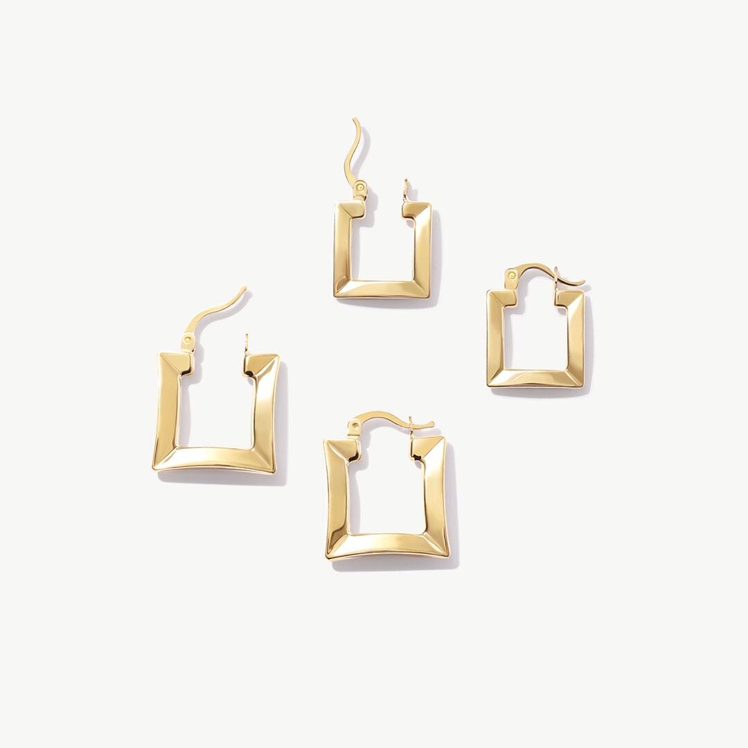 14K Real Solid Gold Square Hoop Earrings • Geometric Chunky Hoops in 2 ...