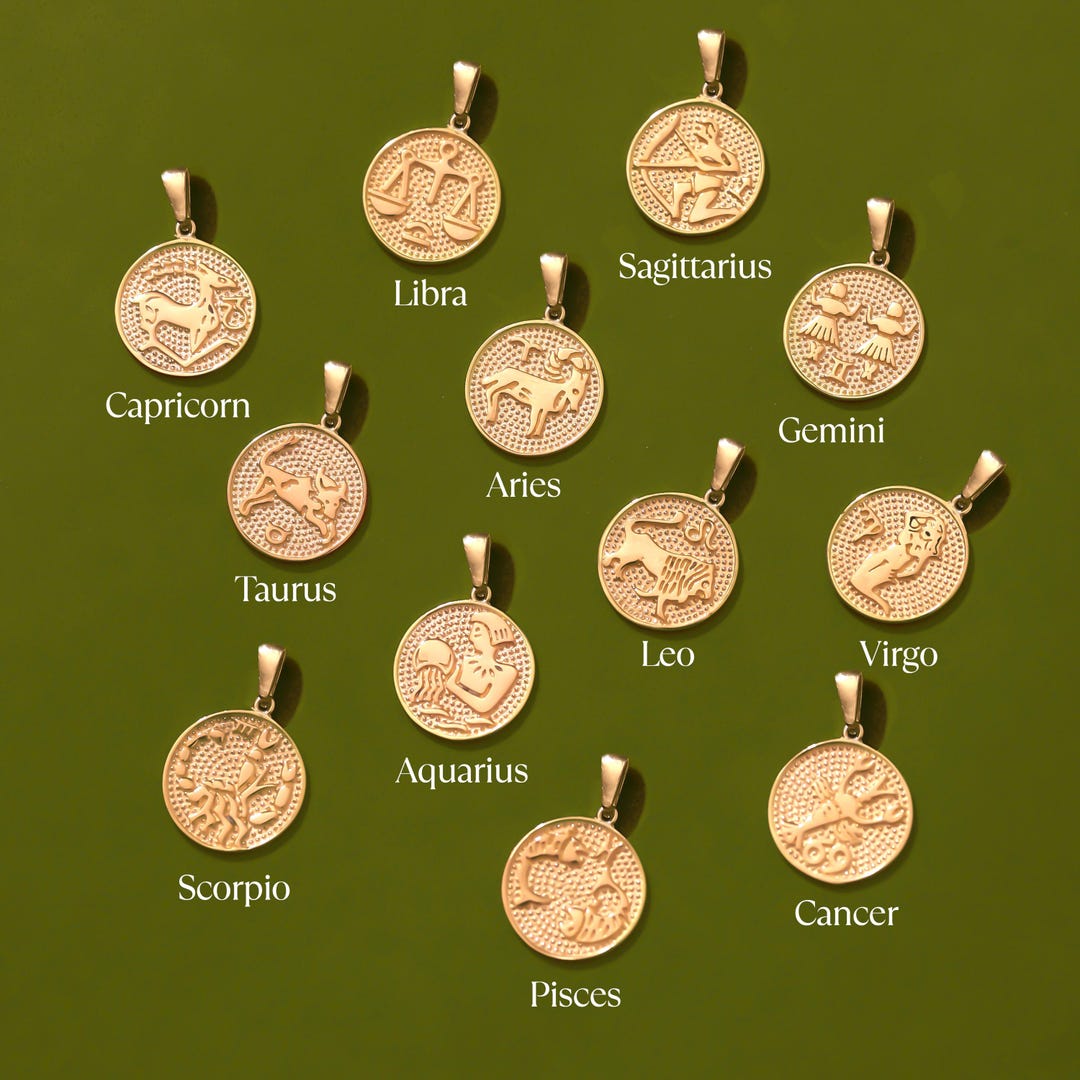 14K Solid Gold Zodiac Necklace, Astrology Sign Coin, Horoscope Pendant ...