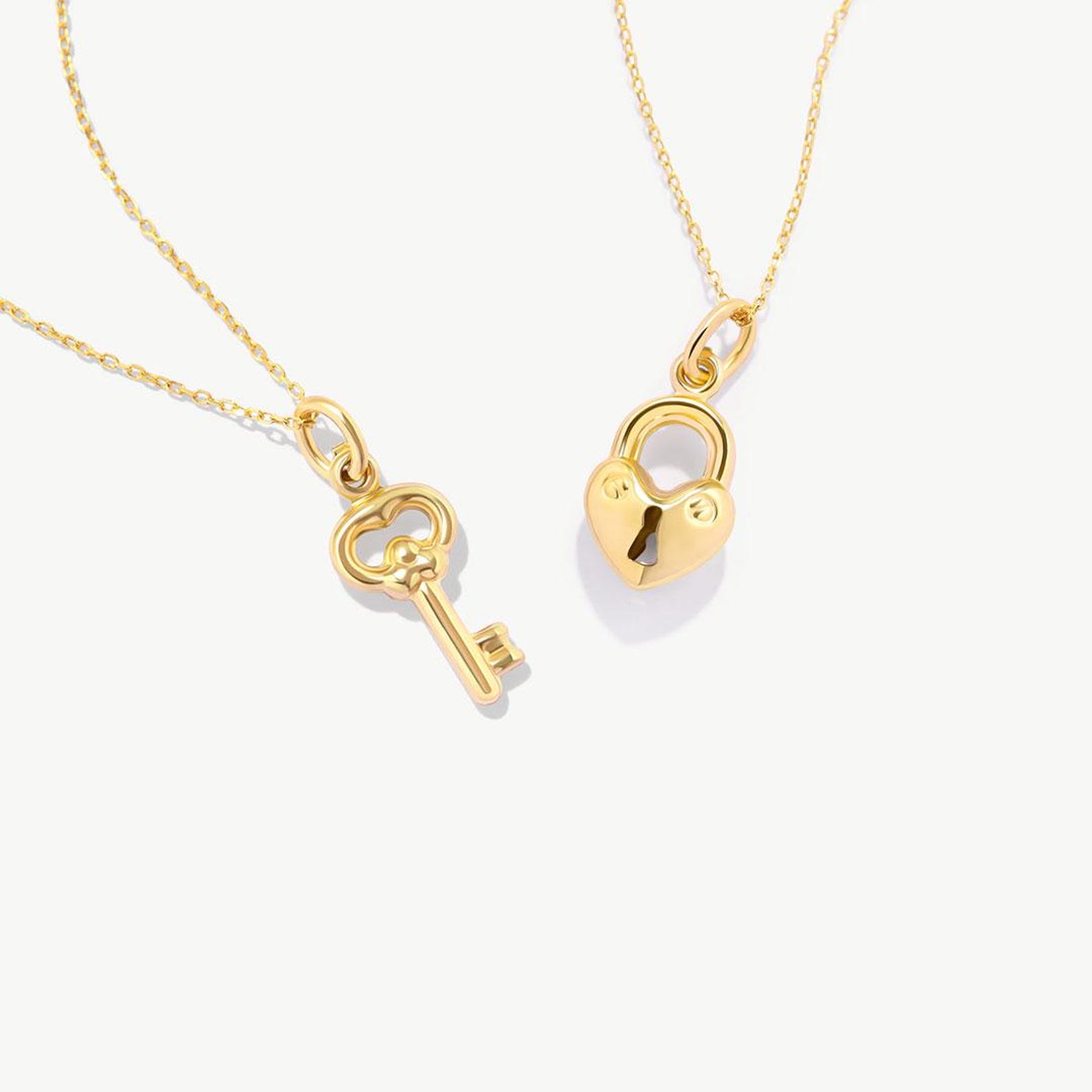 14K Solid Gold Lock and Key Necklace Set: Matching Couple Necklaces - Etsy