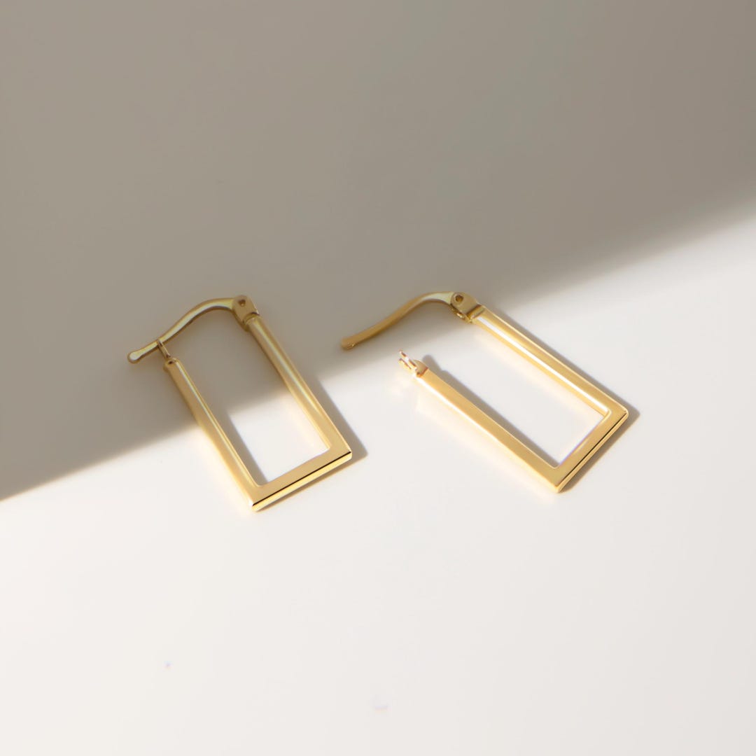 14K Solid Gold Rectangular Hoop Earrings: Modern Geometric Huggies - Etsy