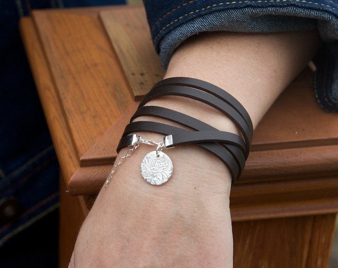 Fine Silver PMC Circle Charm and Leather Five Wrap Bracelet - Etsy