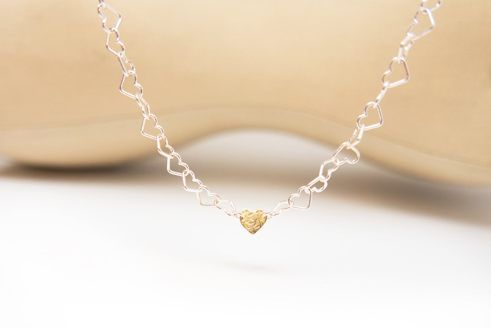Silver Heart Chain With Solid Gold Heart Charm Chocker Heart - Etsy