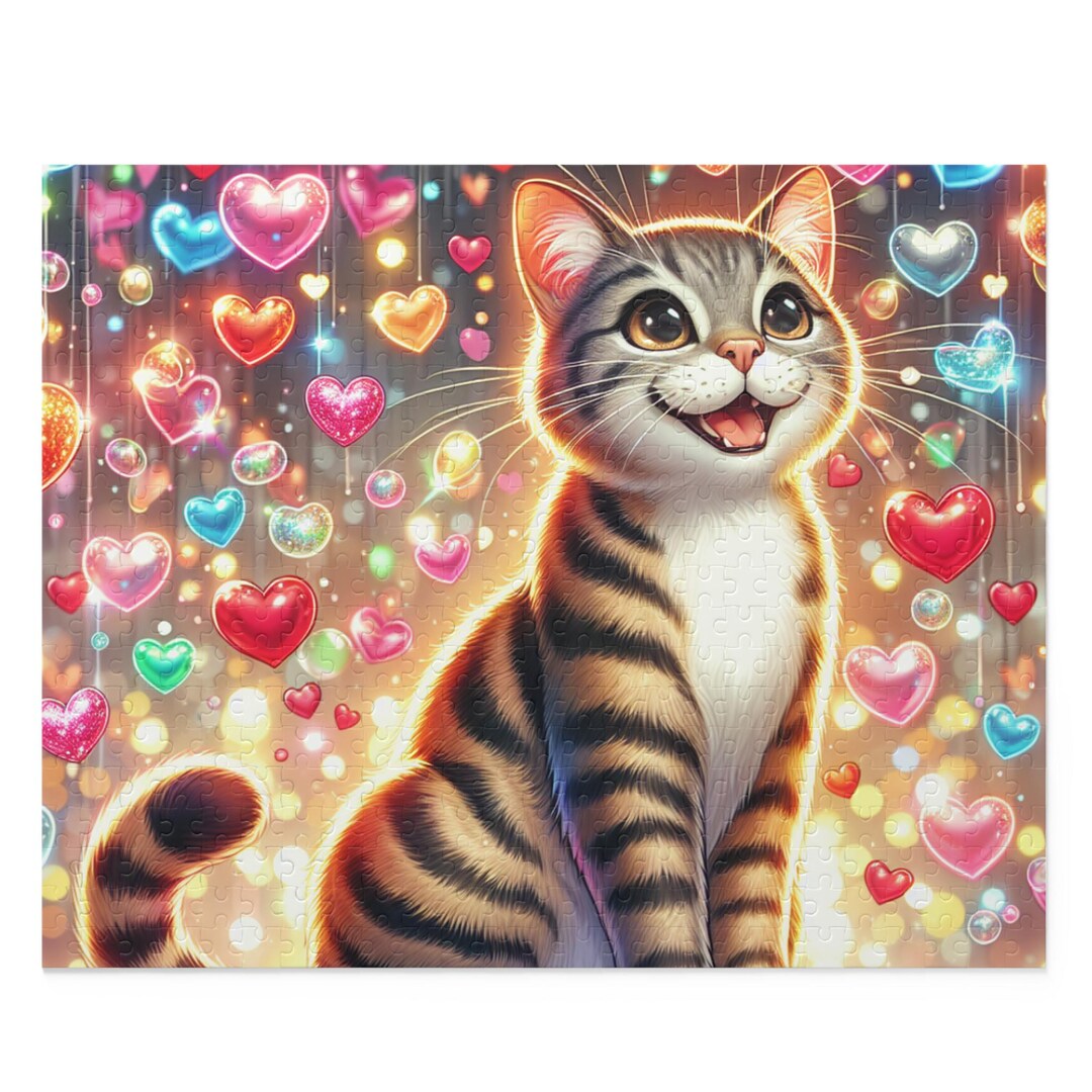 Happy Tabby Cat Art Puzzle - Whimsical Rainbow Heart Fantasy Jigsaw ...