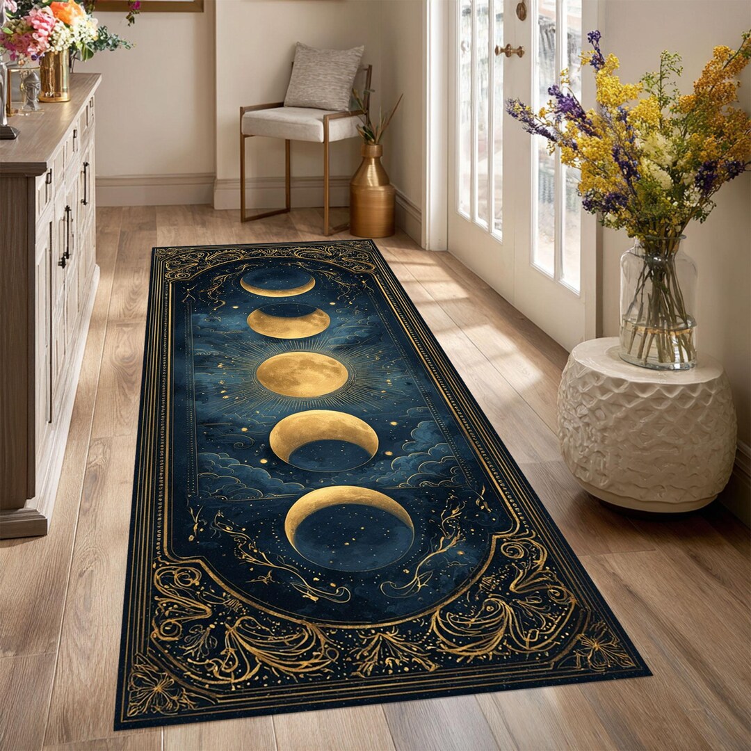 Celestial Moon Phase Runner Rug, Dark Blue Gold Lunar Carpet, Mystical ...