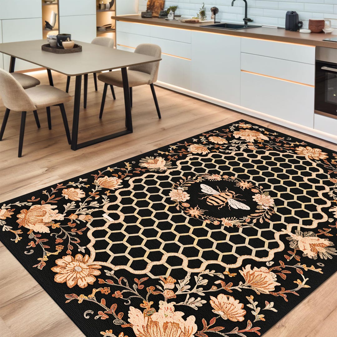 Bee Honeycomb Pattern Rug, Floral Bee Decor, Rug for Kitchen Decor ...