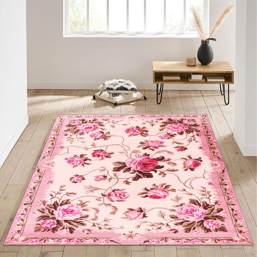 Pink Floral Rug | Romantic Rose Pattern Rug | Elegant Vintage Aesthetic ...