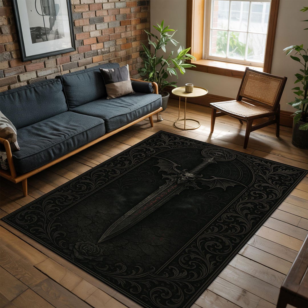 Gothic Sword Rug: Dark Fantasy Bat Wing Design, Gamer Room Carpet - Etsy