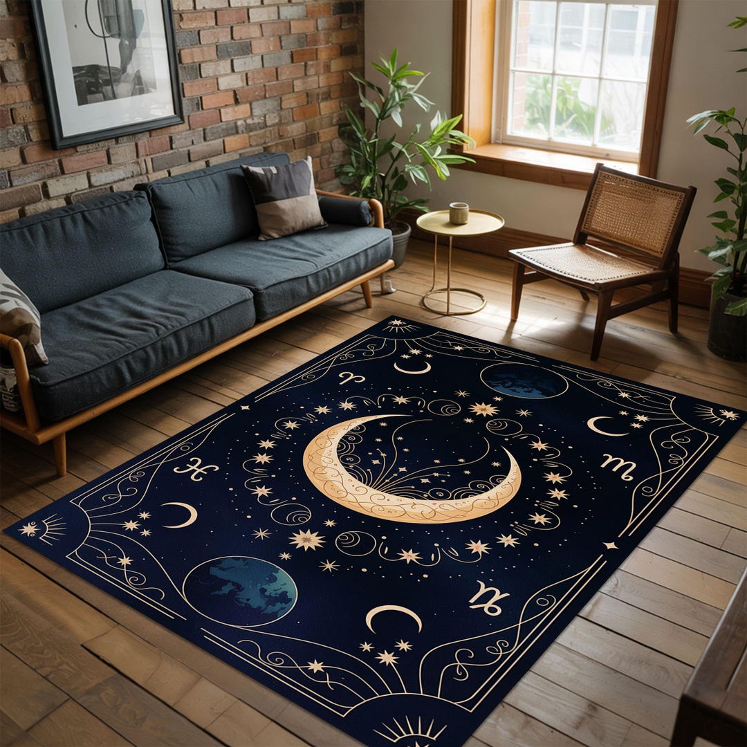 Celestial Mystic Rug With Crescent Moon, Stars and Zodiac Symbols on ...