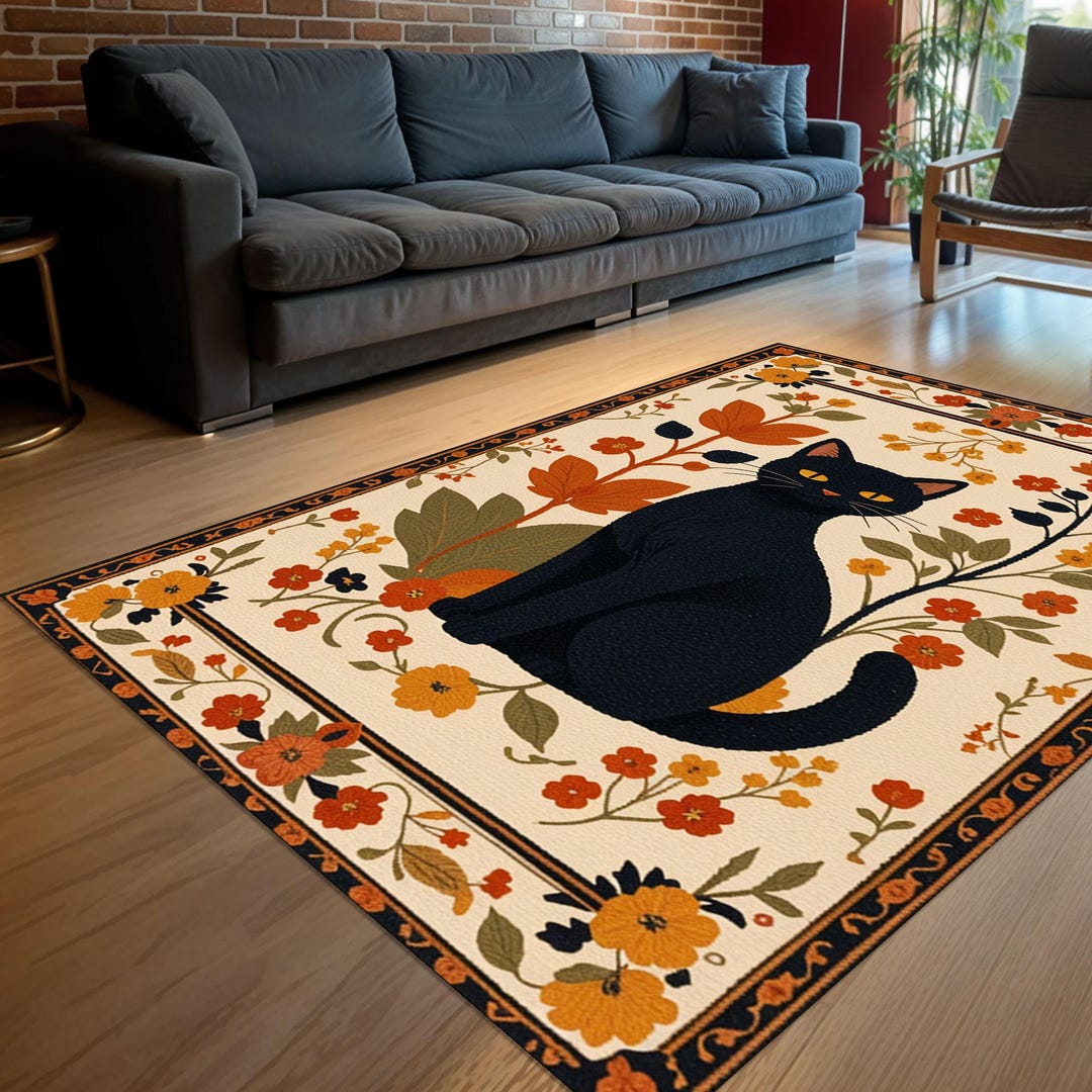 Black Cat and Floral Design Rug, Whimsical Cottagecore Carpet for ...