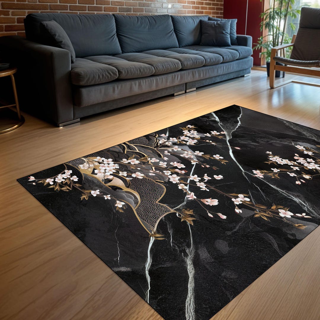 Black Marble Rug With Cherry Blossoms and Subtle Golden ...