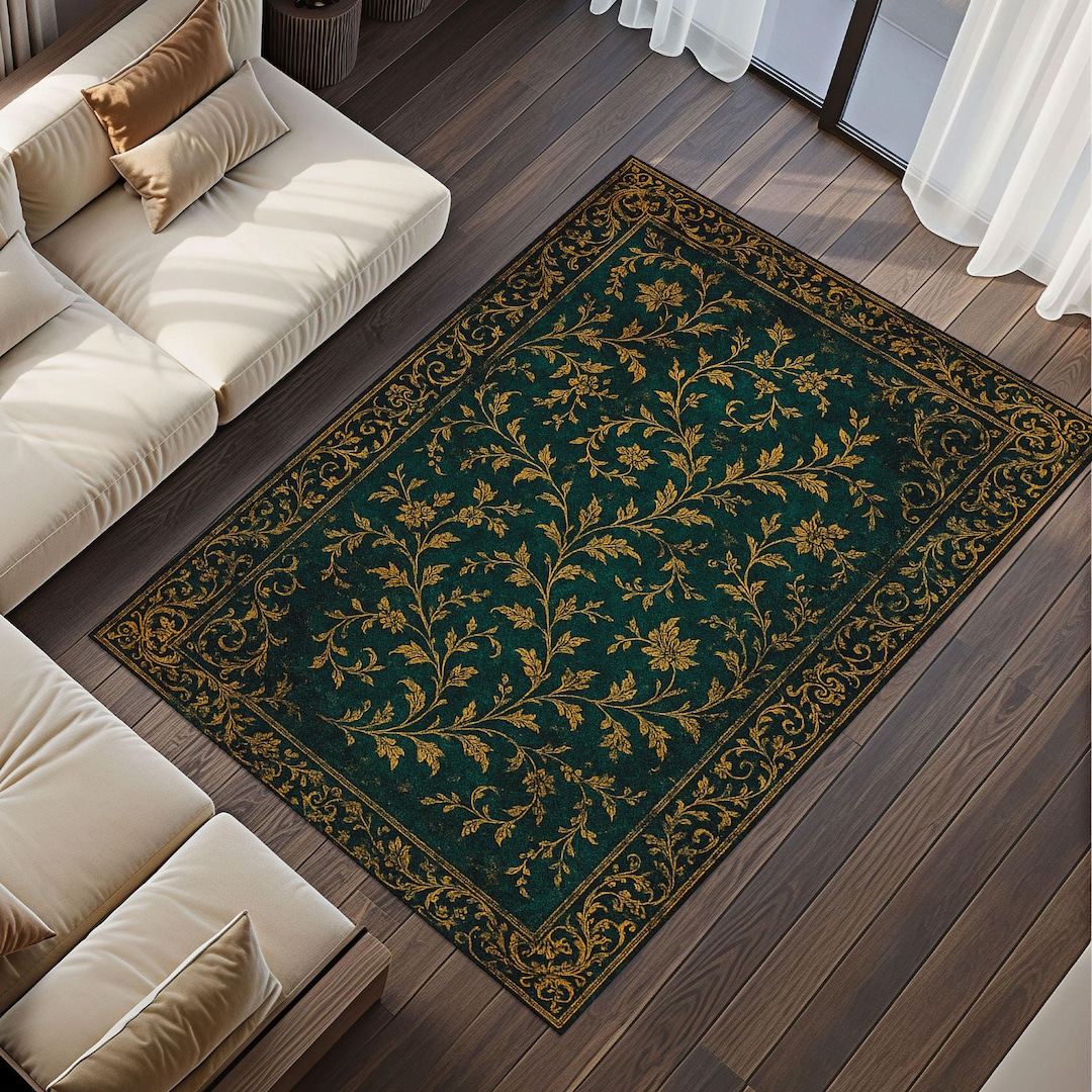 Emerald Gold Baroque Rug, Luxury Classic Carpet, Ornate Vintage Design ...