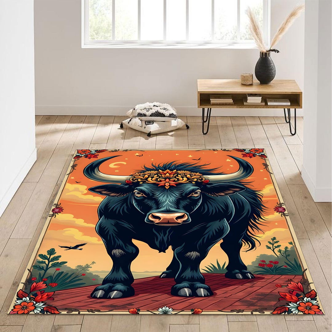 Wild Bull Floral Rug – Rustic Western Home Decor, Bull Rug, Horned ...