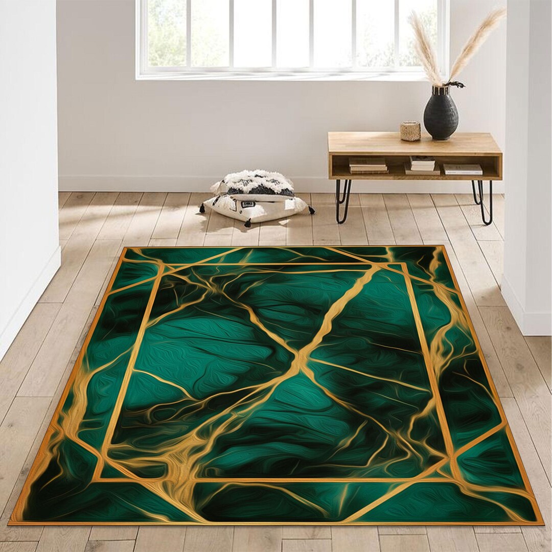 Emerald Green Marble Effect Rug With Luxe Gold Lightning Veins, Modern ...