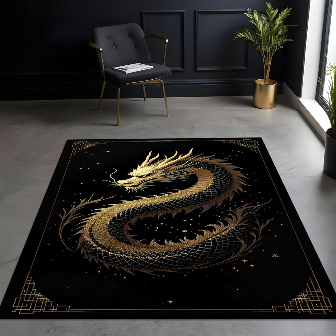 Gold Dragon Area Rug With Asian Myth Design, Black Oriental Style ...