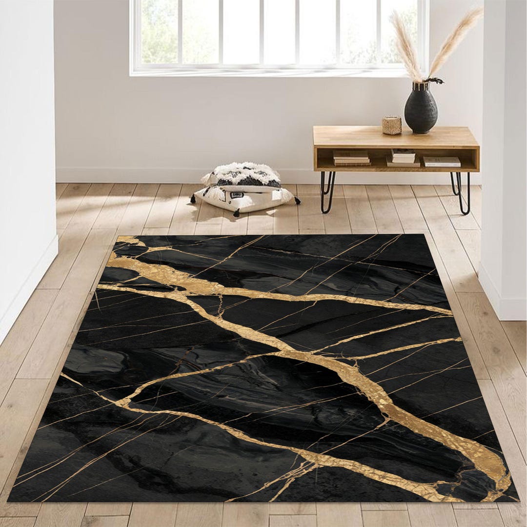 Modern Black Gold Marble Rug, Luxury Gold Veins Rug, Elegant Modern ...