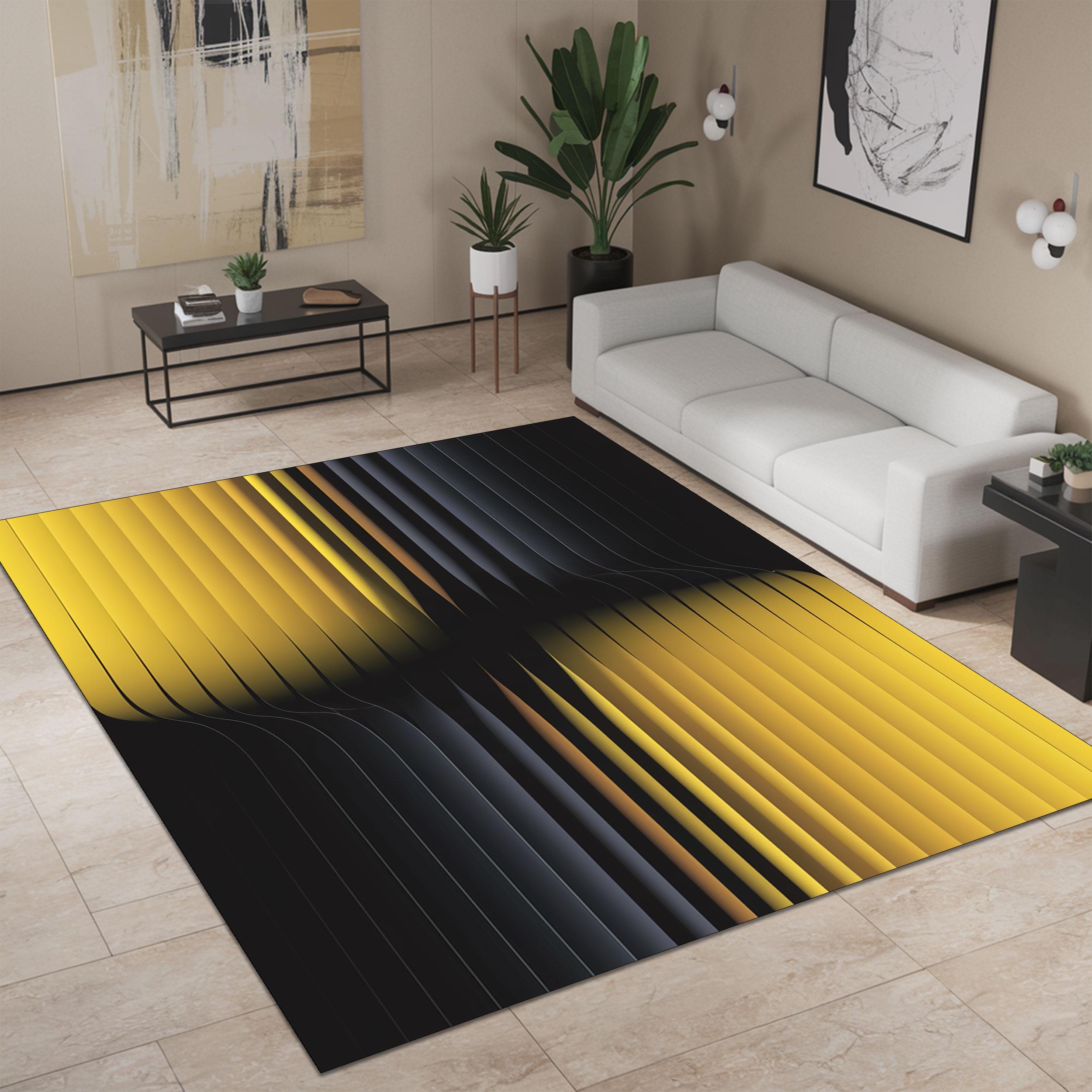 Modern Optical Illusion Rug - Black Gold Geometric 3D Carpet - Abstract ...