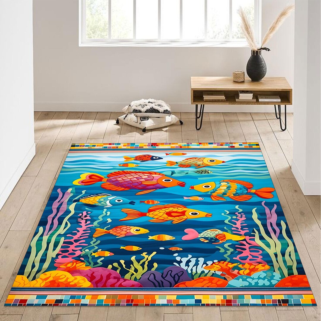Colorful Tropical Fish Rug, Underwater Ocean Theme Carpet With Coral ...