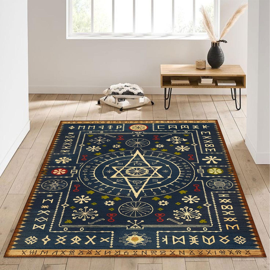 Mystic Nordic Star Rug – Dark Blue Digital Printed Symbol Carpet With ...