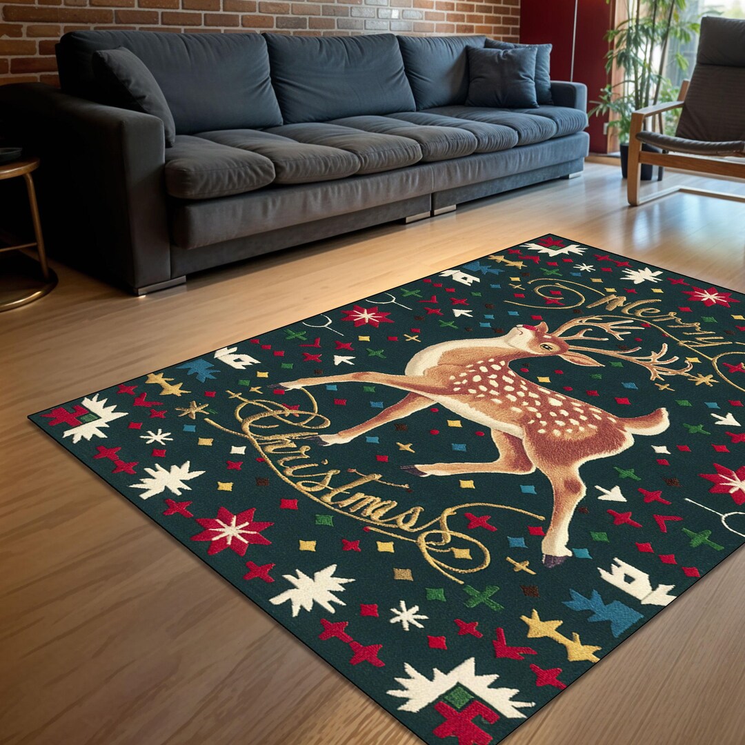 Christmas Reindeer Rug, Rustic Holiday Decor Carpet With Festive Deer ...