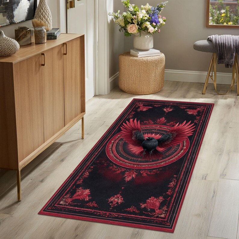 Gothic Raven Rug, Dark Red Black Mystical Carpet, Occult Style Floor ...