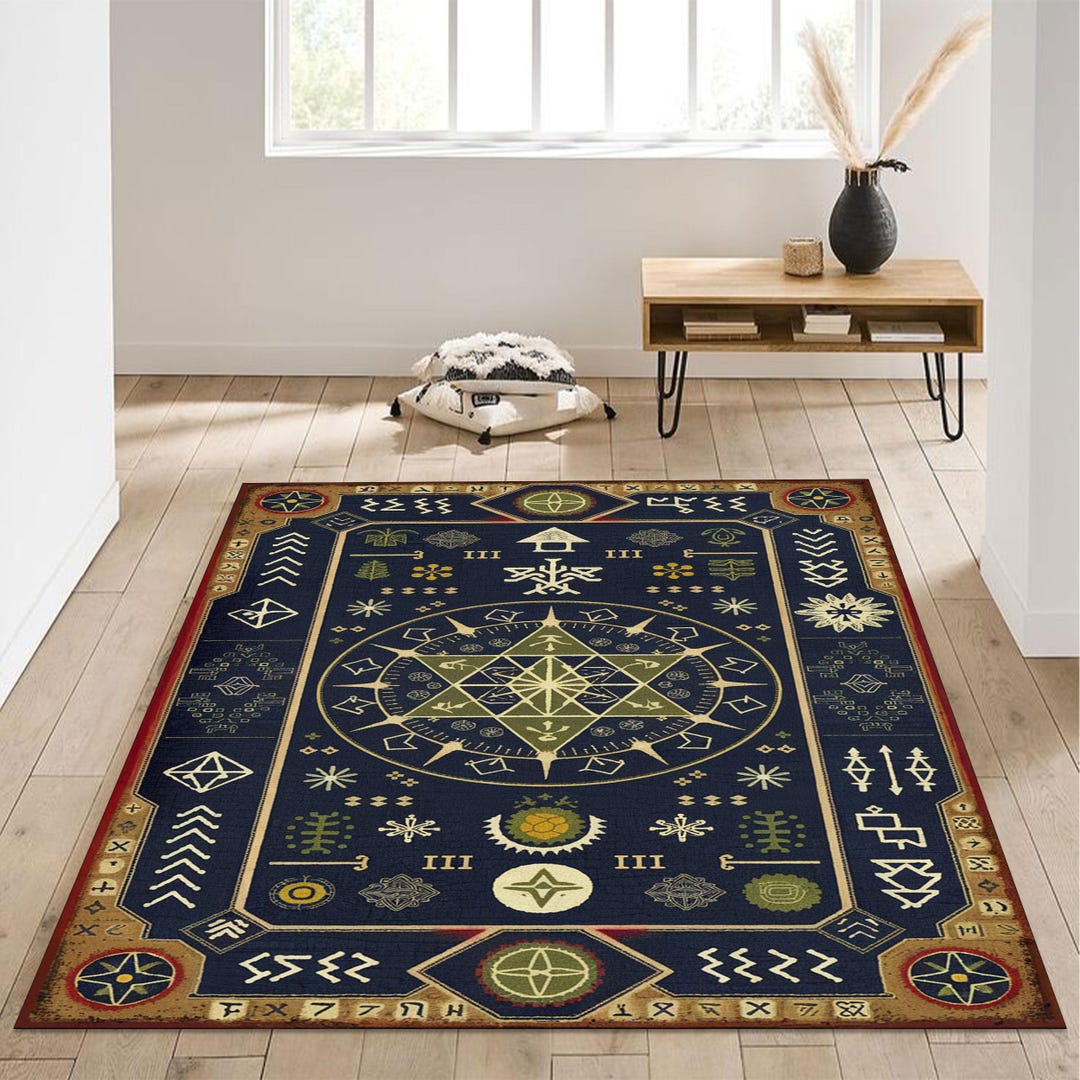 Mystic Geometric Symbol Rug, Digital Printed Rug With Ancient Signs and ...