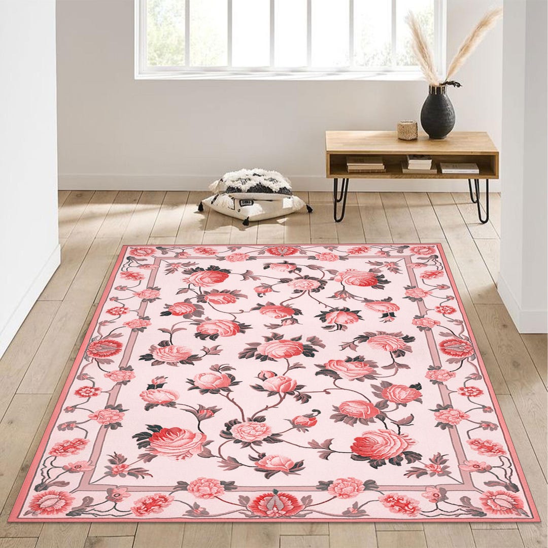 Romantic Pink Rose Pattern Rug, Soft Pastel Floral Area Carpet for ...