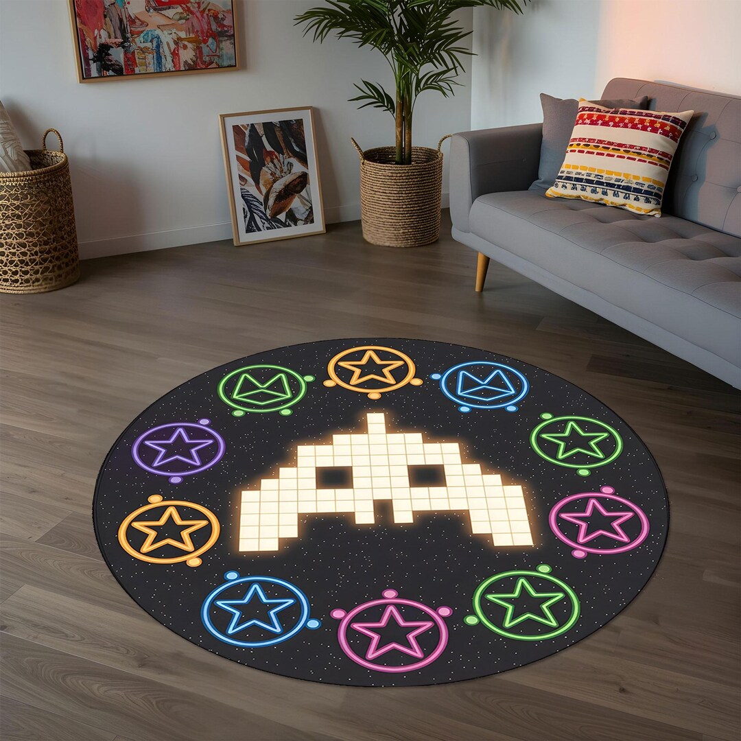 Colorful Neon Round Rug With Retro Space Invader and Pixel Star Icons ...