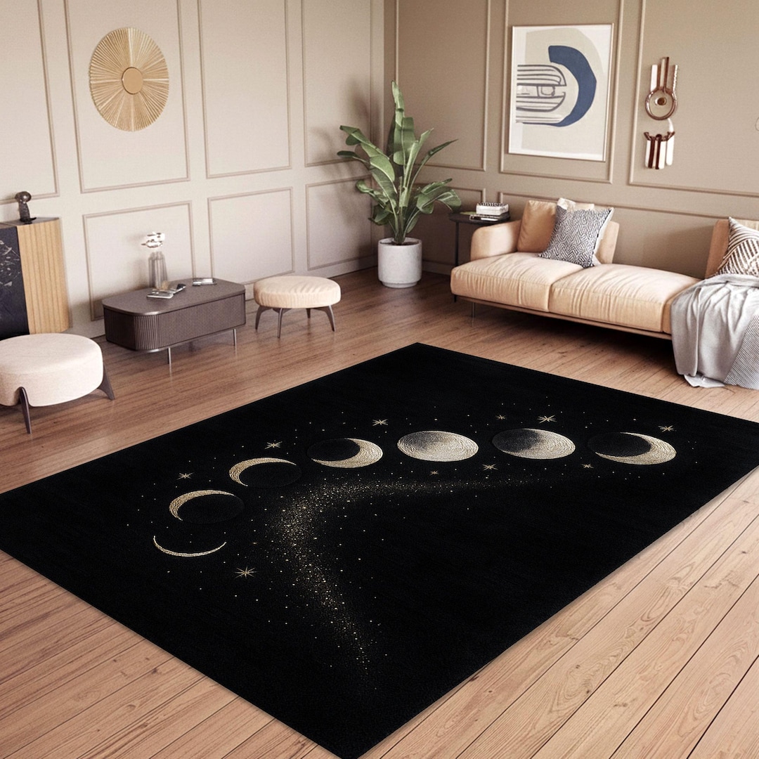 Mystic Moon Phases Rug, Black Gold Celestial Carpet, Cosmic Galaxy ...