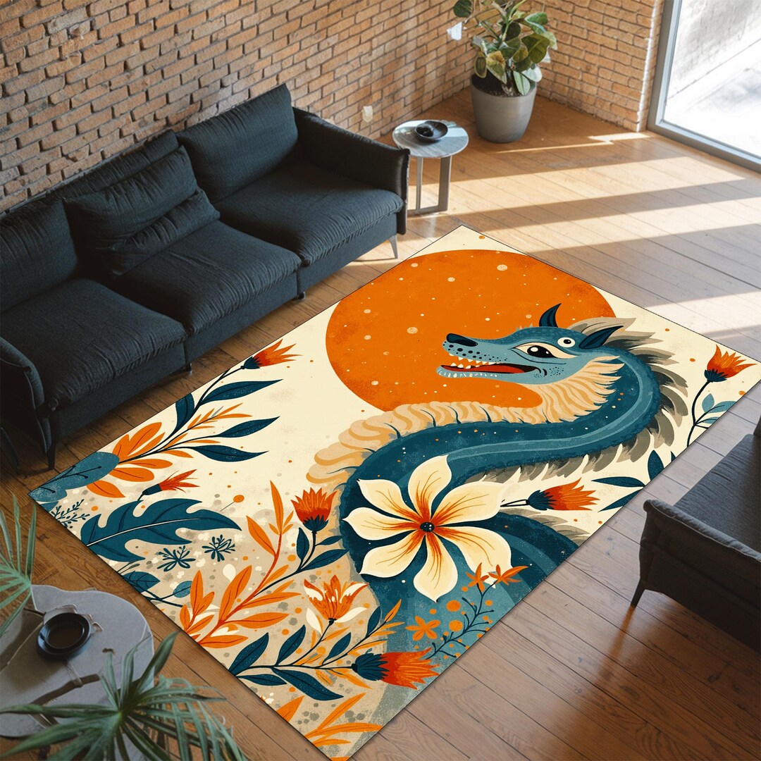 Dragon Rug, Folk Art Rug, Boho Fantasy Rug, Floral Creature Mat, Orange ...