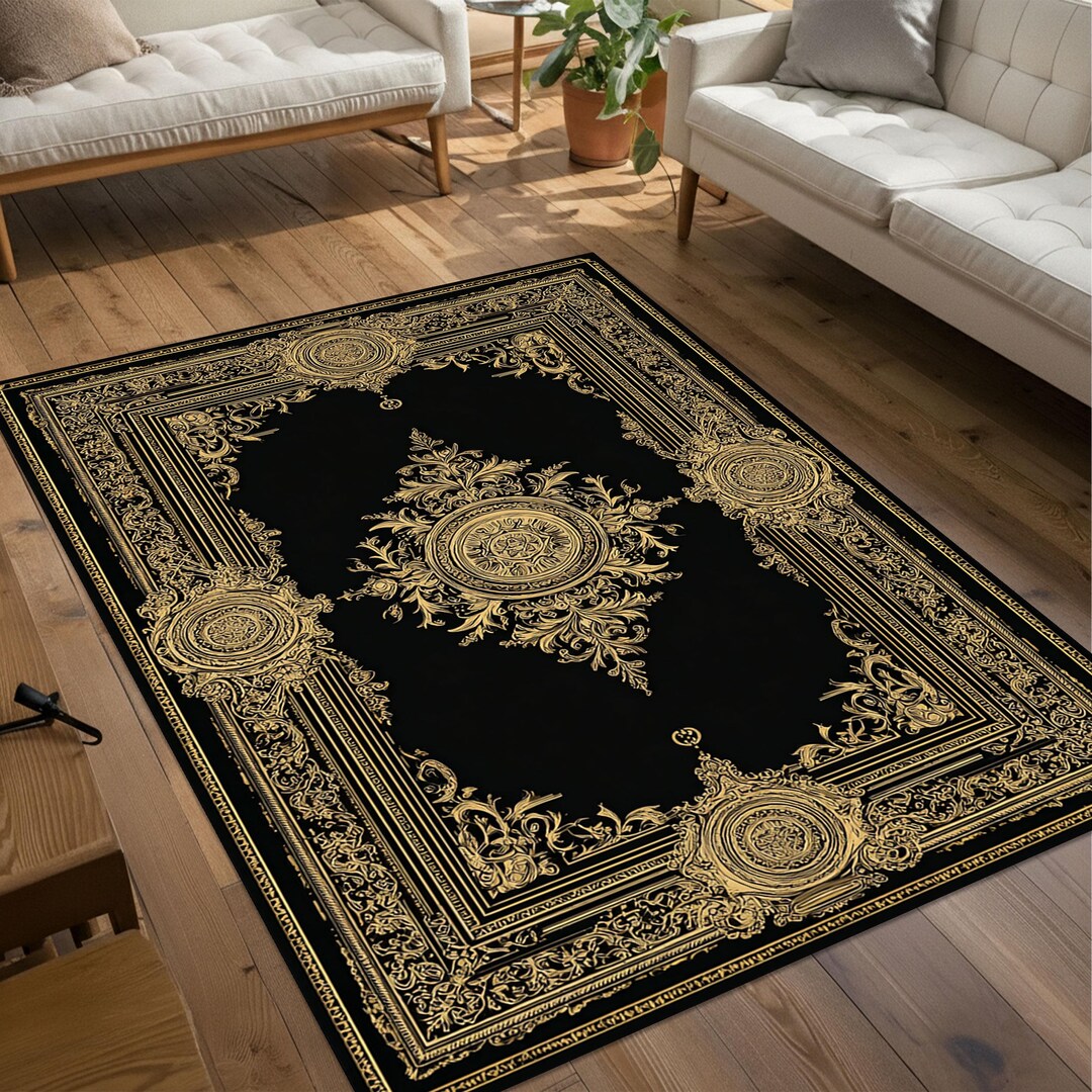 Black and Gold Baroque Rug With Ornate Medallion, Luxury Classic Area ...