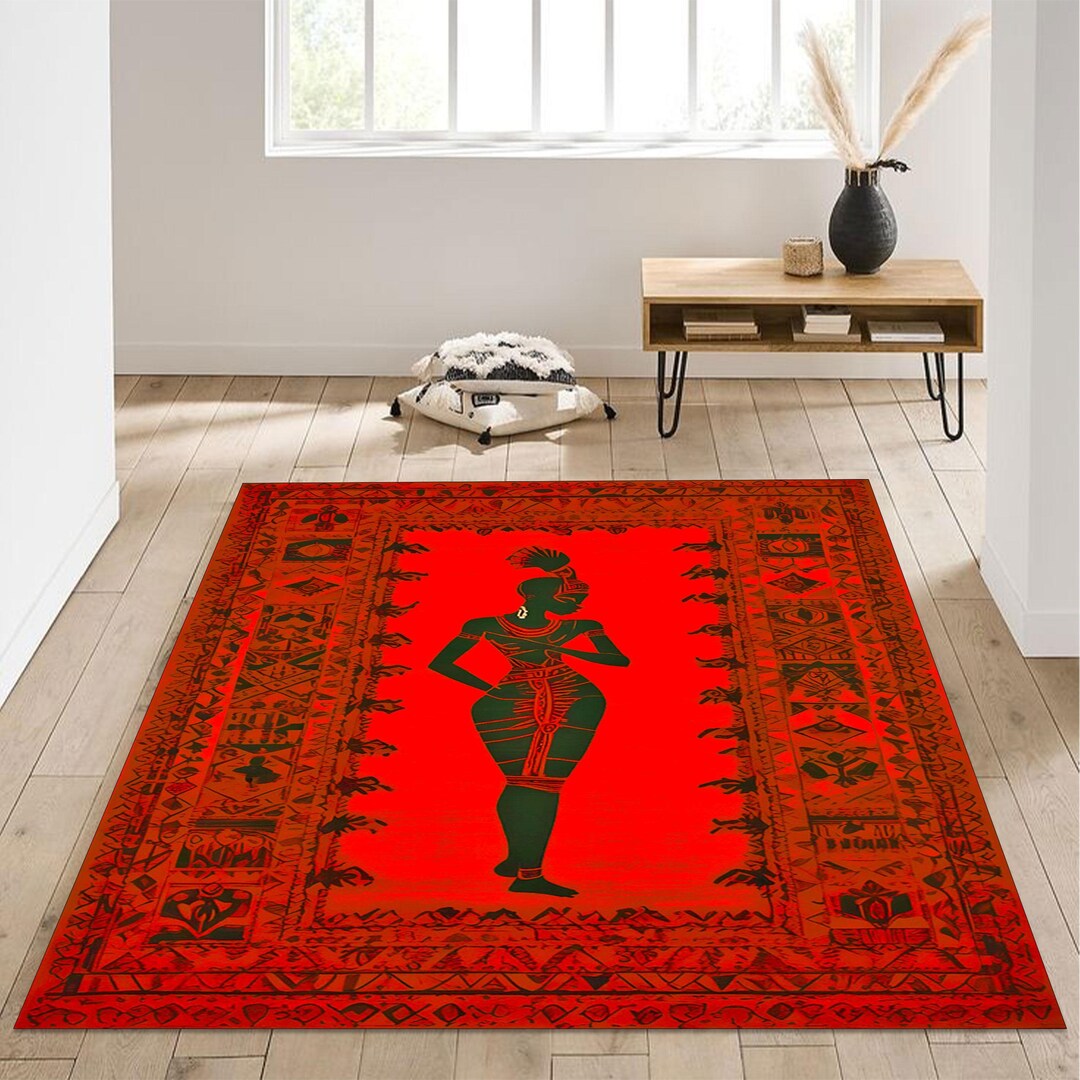 African Tribal Woman Art Rug, Red Ethnic Afro Home Decor Rug, Bohemian ...