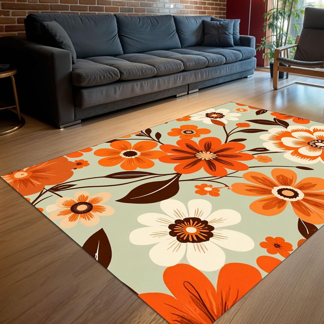Retro Floral Rug in Orange Brown and Cream Tones, 70s Inspired Bold ...