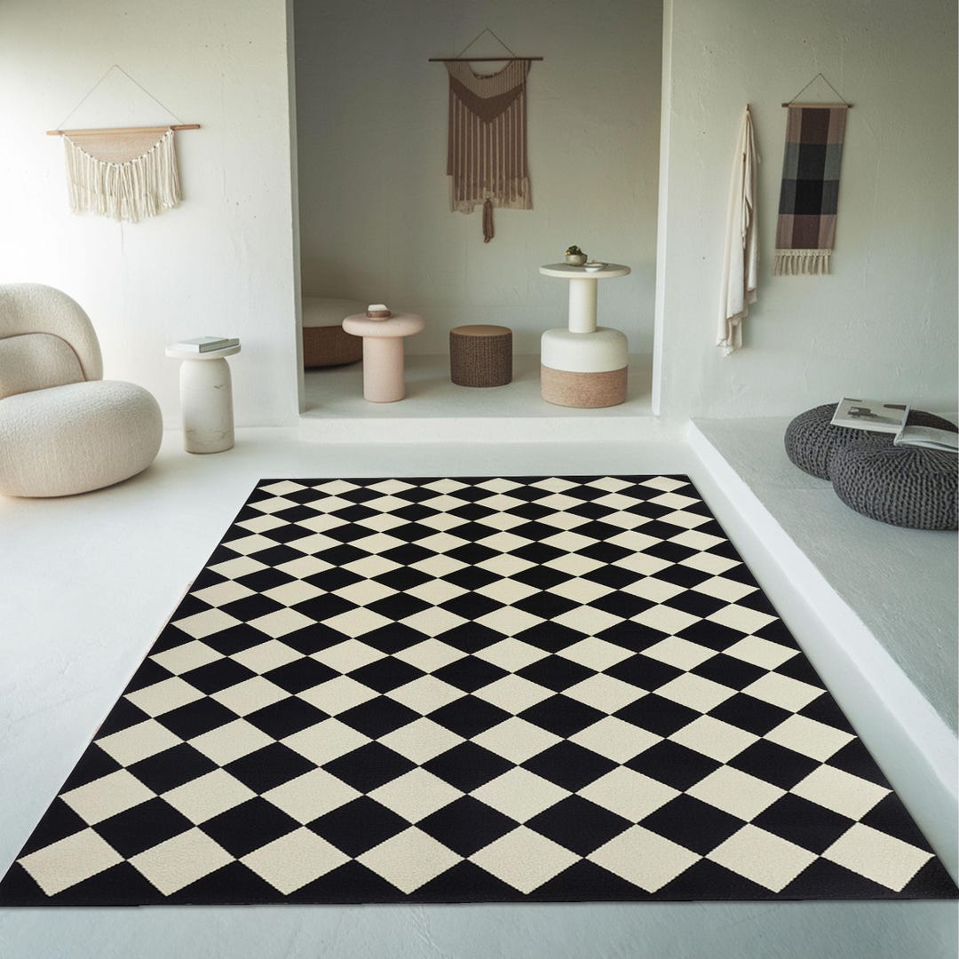 Black and White Checkered Rug | Modern Chessboard Style - Etsy