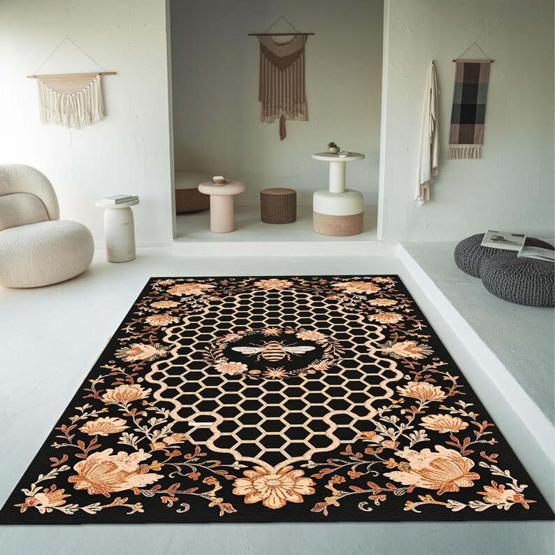 Bee Honeycomb Pattern Rug, Floral Bee Decor, Rug for Kitchen Decor ...