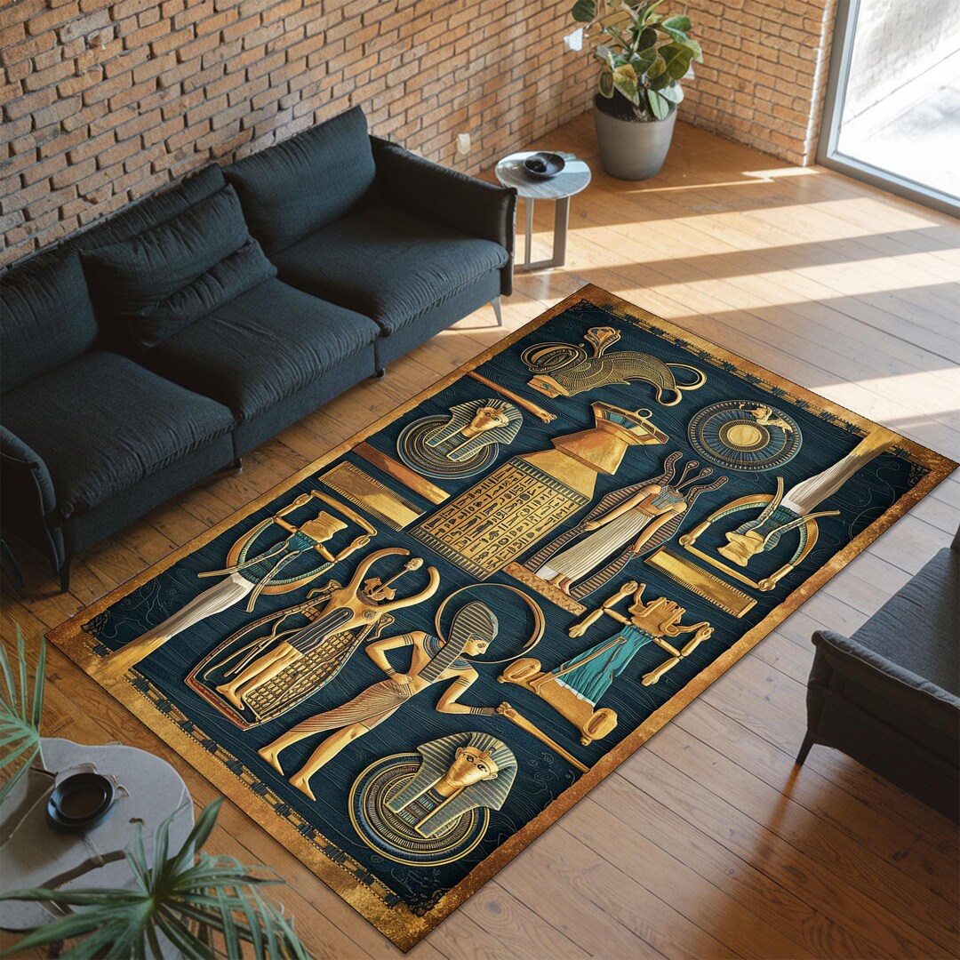 Egyptian Art Rug, Golden Hieroglyph Carpet, Ancient Pharaoh Style ...
