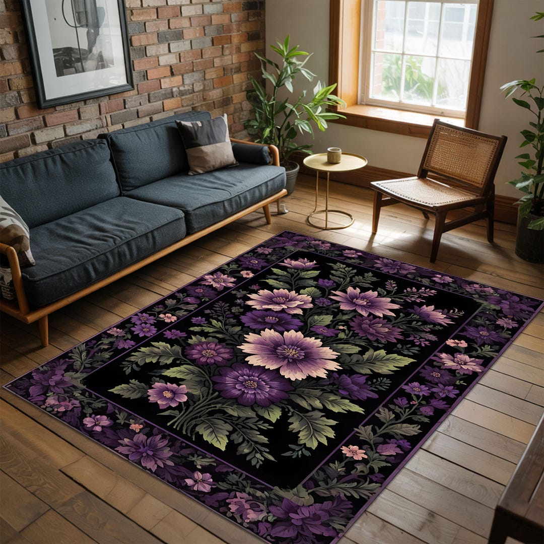 Art Deco Gothic Purple Flower Rug, Lilac Kitchen Rug, Lilac Bathroom ...