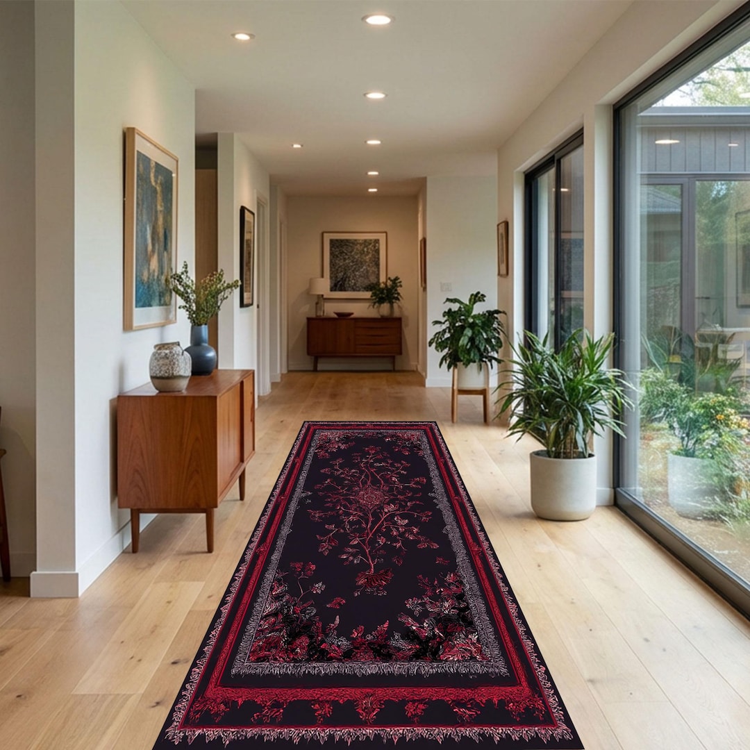 Dark Red Gothic Botanical Runner Rug Carpet, Romantic Floral Long Area ...