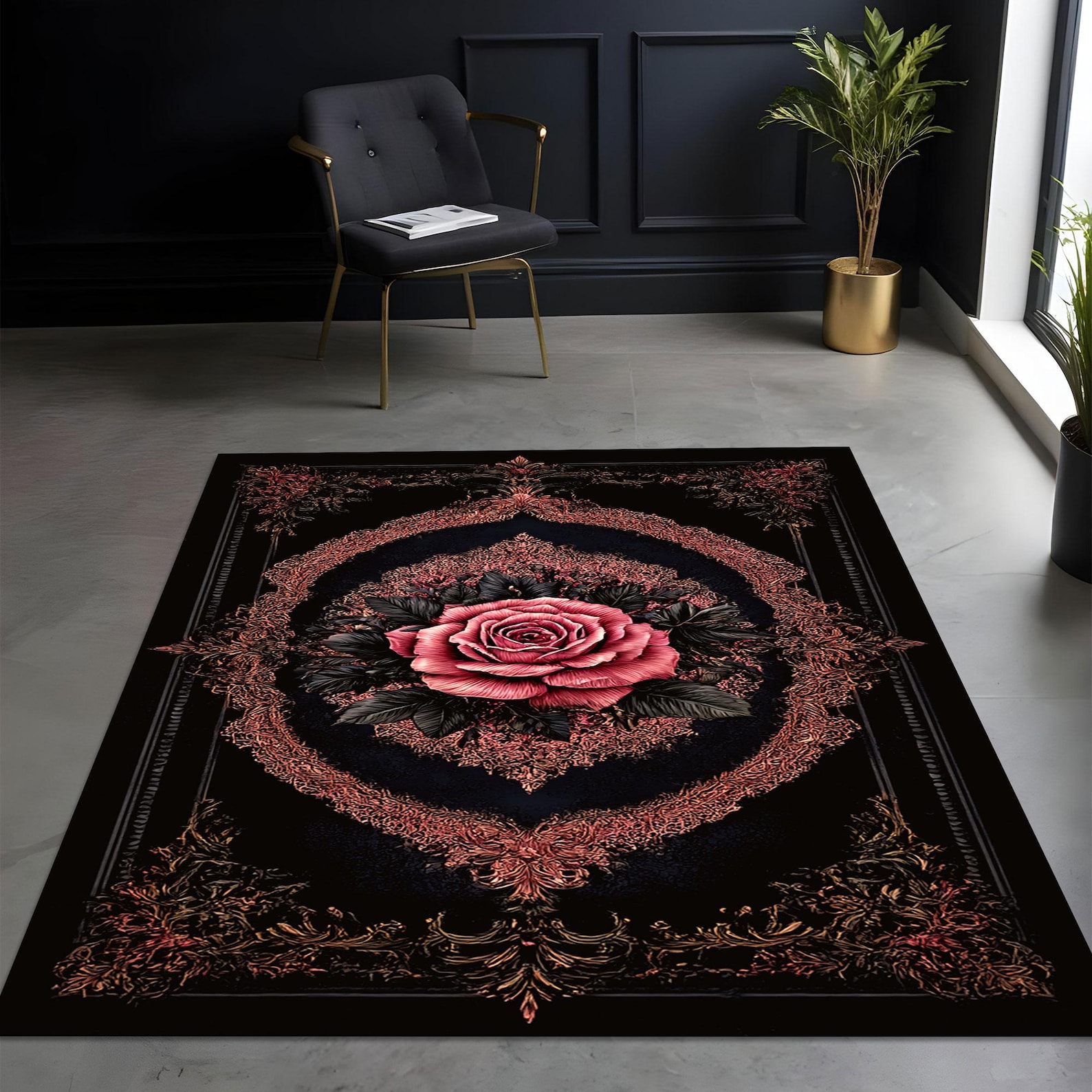 Black Gothic Rose Baroque Rug With Pink Floral Artwork | Luxury ...