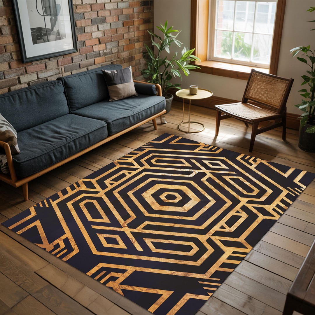 Black and Gold Art Deco Geometric Rug With Bold Hexagon Pattern, Modern ...