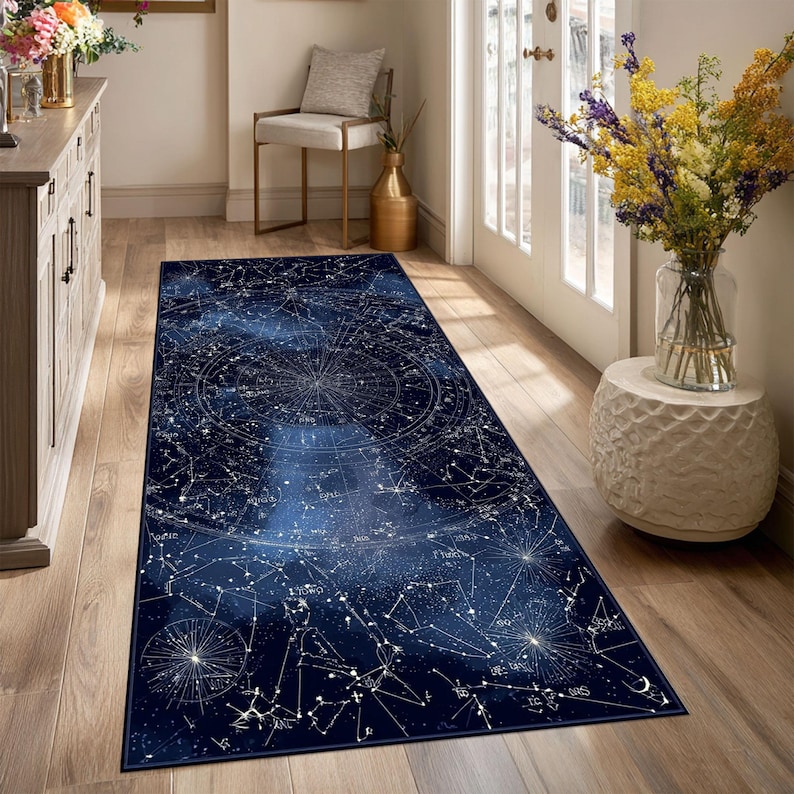 Celestial Star Map Runner Rug, Navy Blue Constellation Area Rug ...