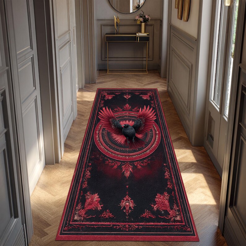 Gothic Raven Rug, Dark Red Black Mystical Carpet, Occult Style Floor ...