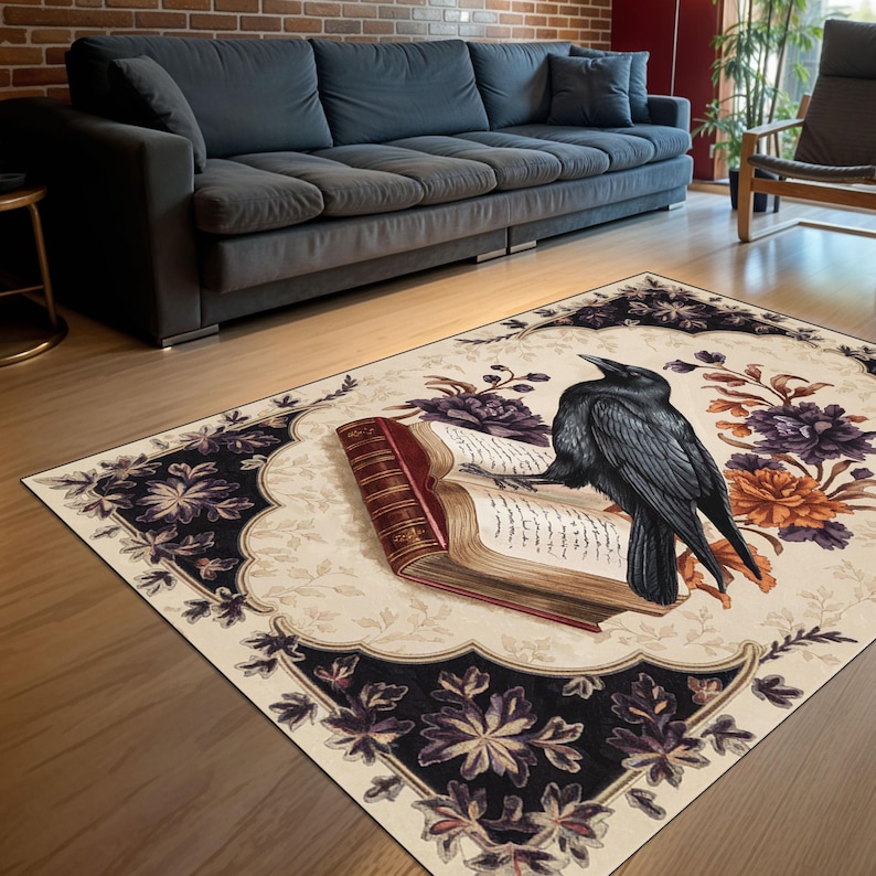 Dark Academia Raven Rug: Gothic Book & Crow Decor - Etsy