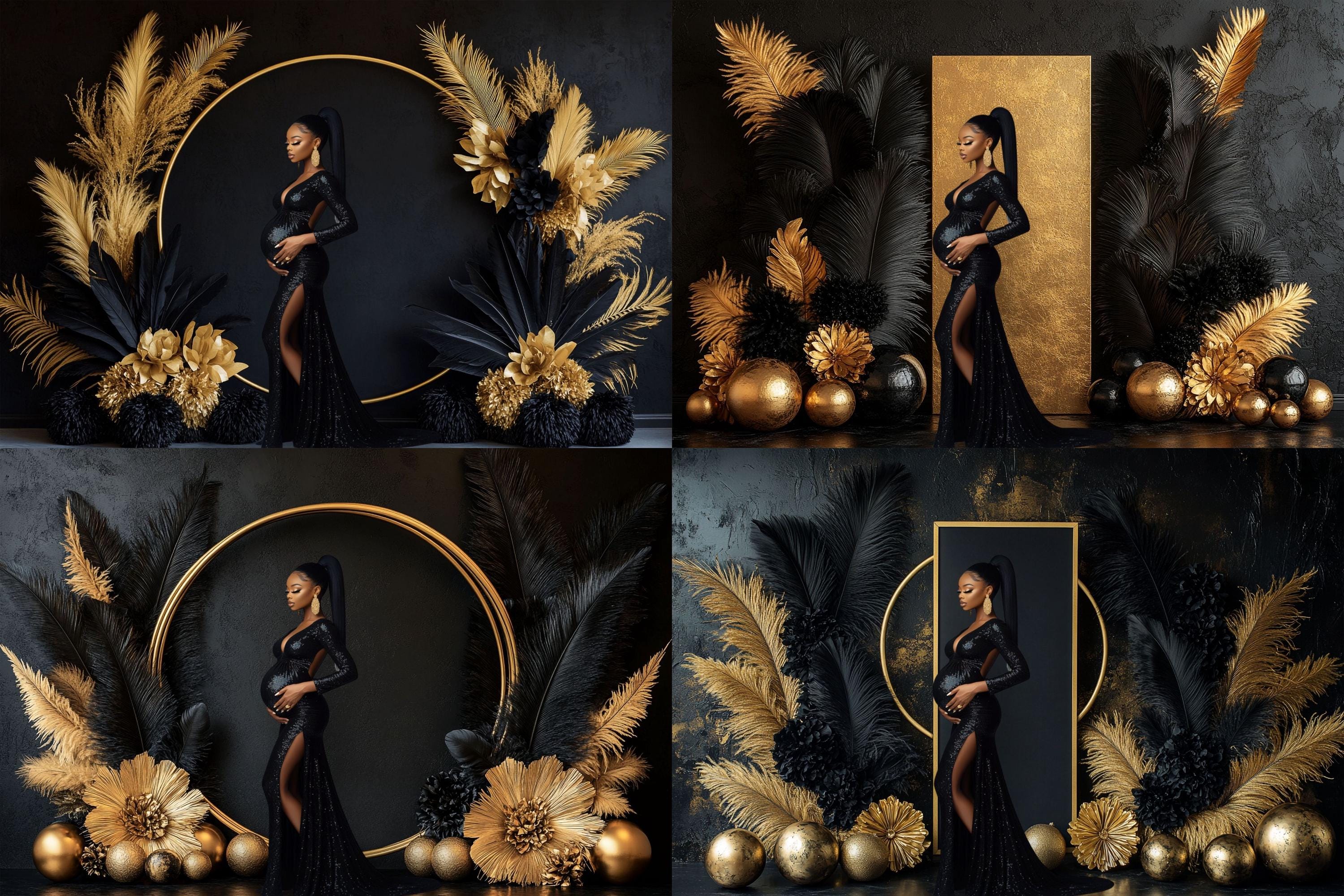 Elegant Black and Gold Backdrop Frame Arch Background Floral Maternity ...