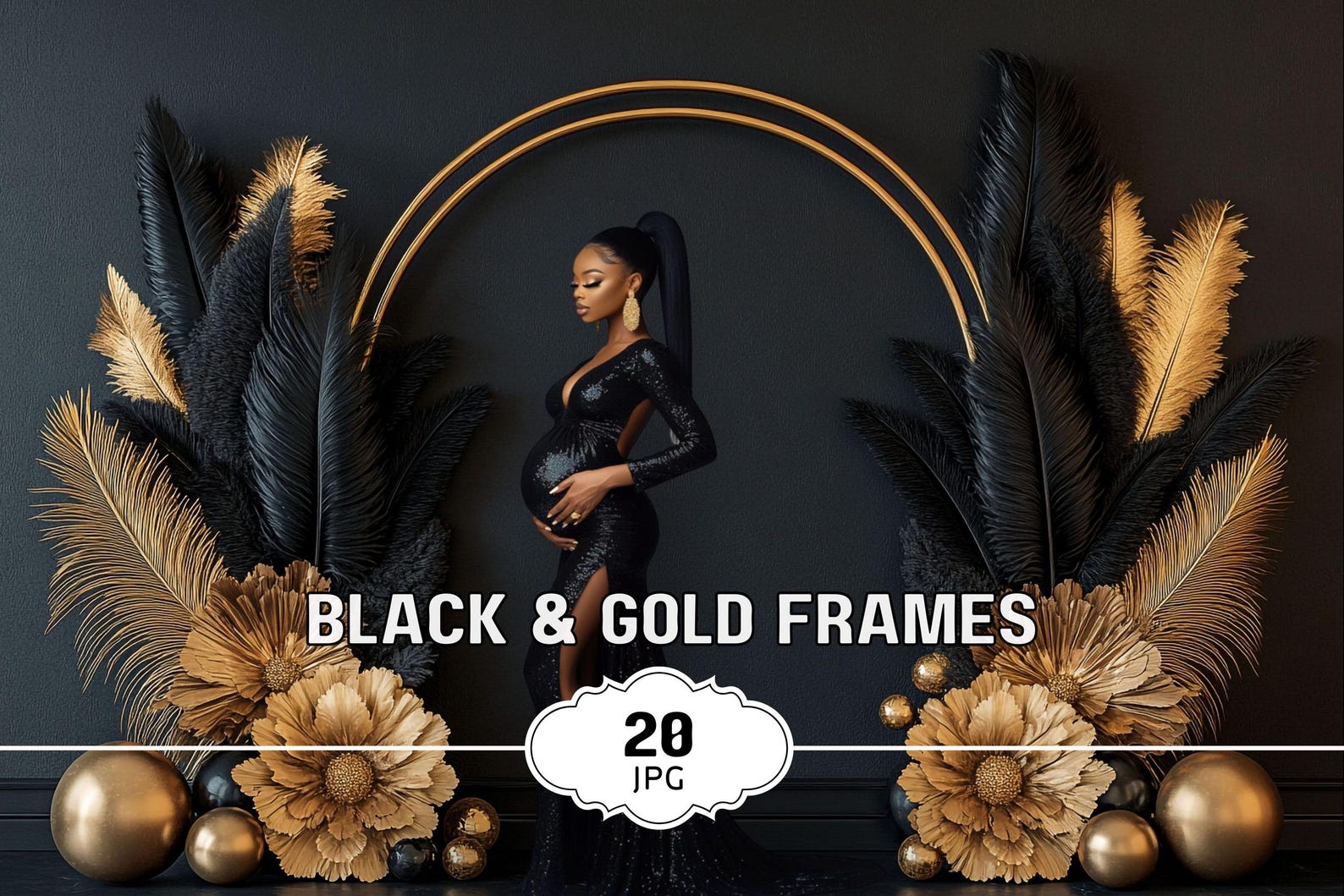 Elegant Black and Gold Backdrop Frame Arch Background Floral Maternity ...