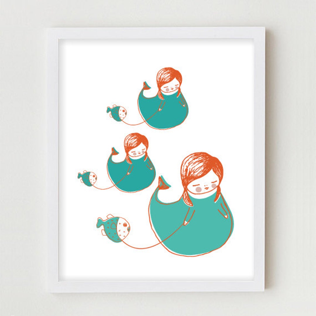Girls Bedroom Wall Art Print Mermaid Illustration Nautical Decor Puffer ...