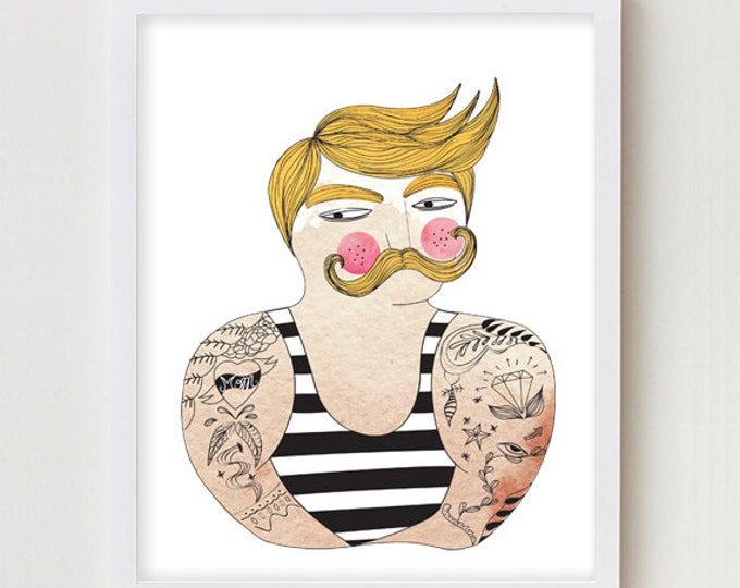 Digital Print Muscle Man Mustache Poster Wall Art Digital Illustration ...